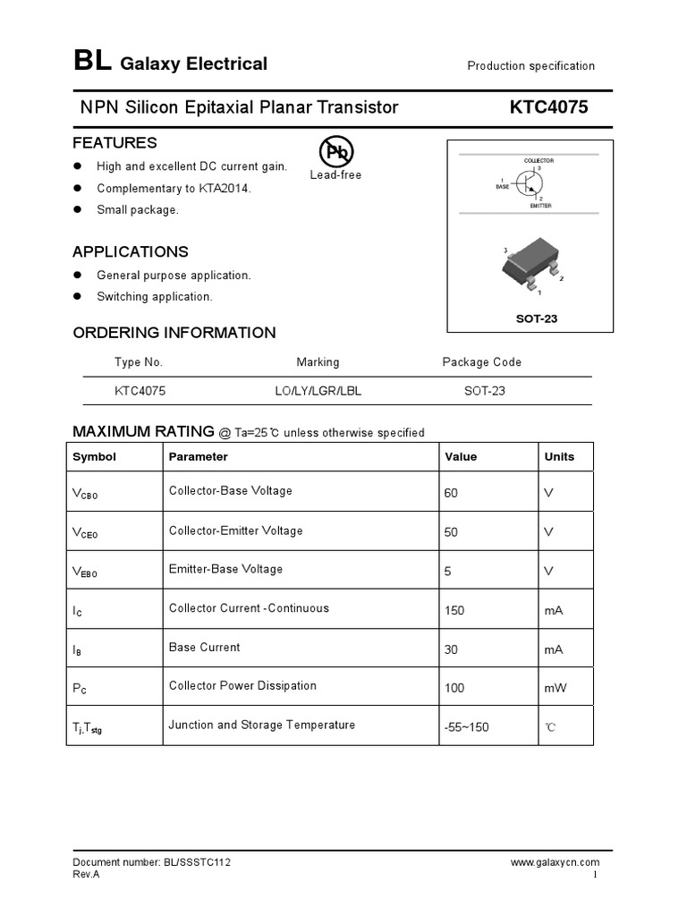 NPN Silicon Epitaxial Planar Transistor KTC4075: Galaxy Electrical ...