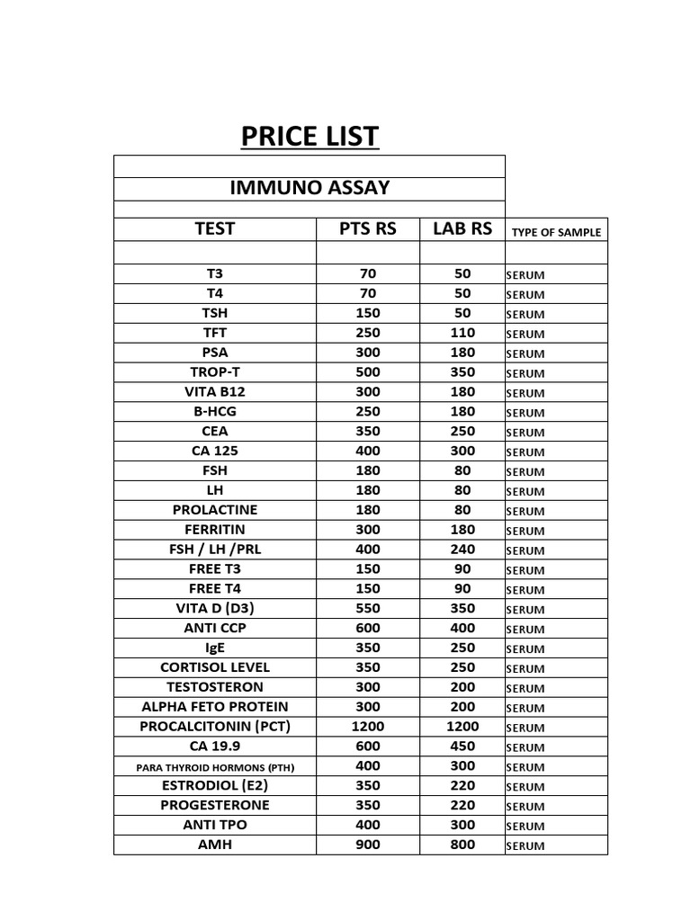 Price List and Test Menu for Immunoassay, Hematology, Biochemistry ...