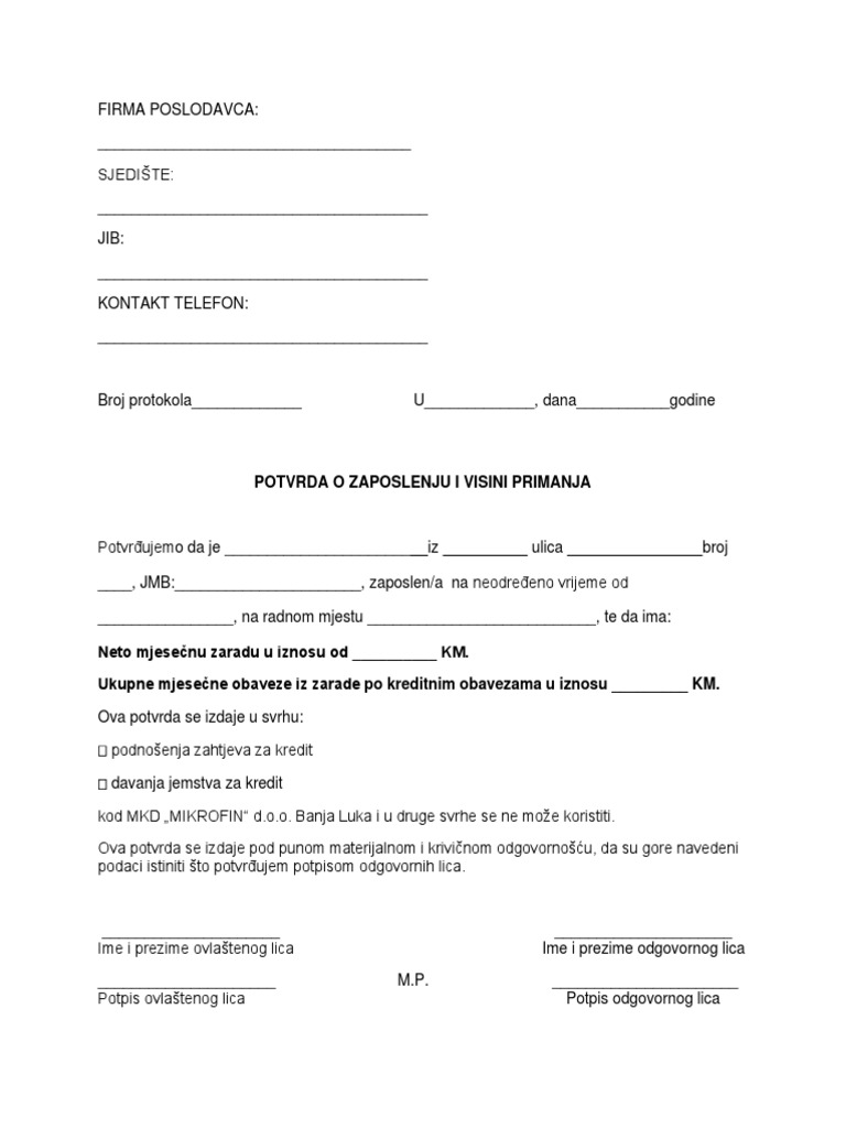 Potvrda o Zaposlenju I Visini Primanja Novembar 2013 PDF | PDF