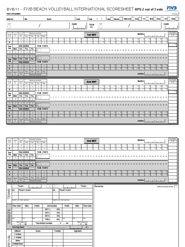 Fivb Beach Volleyball International Scoresheet: RPS-2 Out of 3 Sets ...