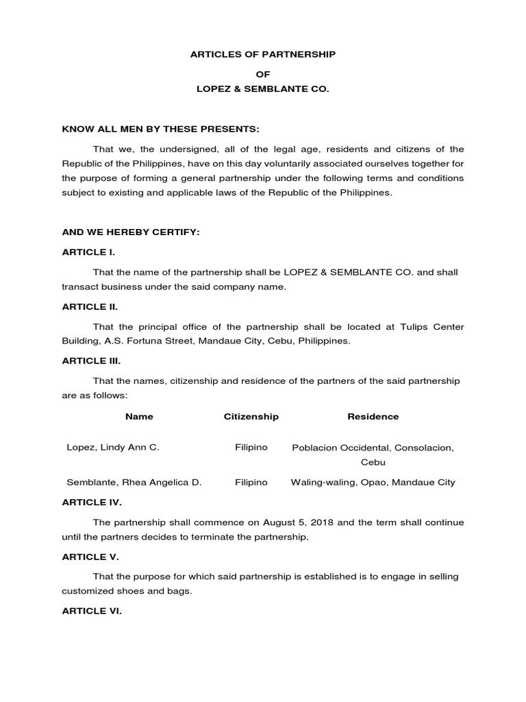 ARTICLES OF PARTNERSHIP (Legal) | PDF | Partnership | Economies