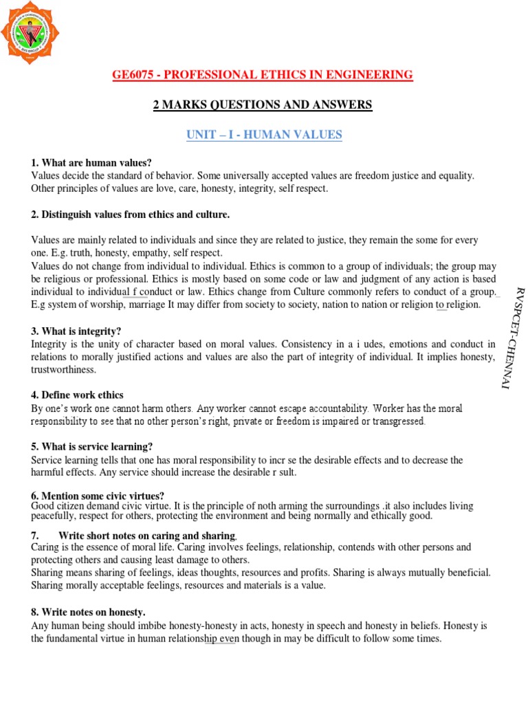 Ge6075 - Professional Ethics in Engineering: 2 Marks Questions and ...