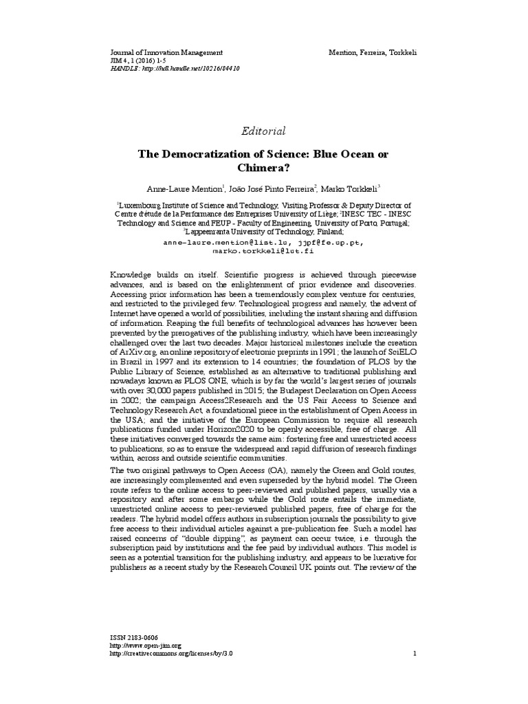 The Democratization of Science: Blue Ocean or Chimera?: Editorial | PDF ...