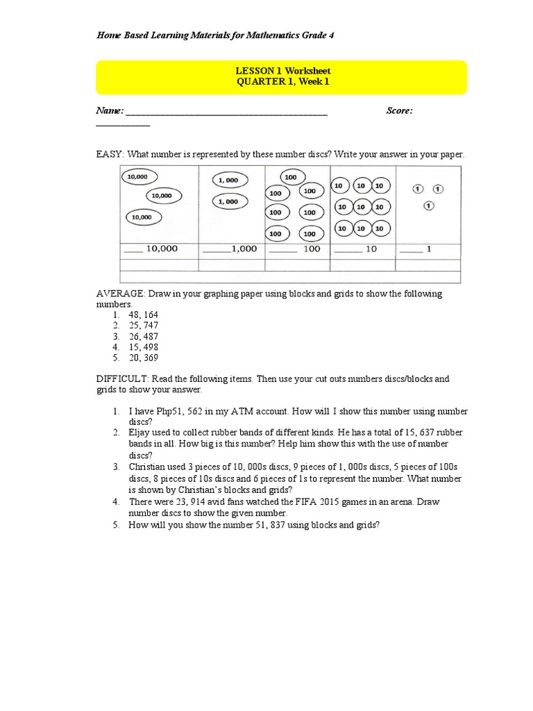 Home Based Learning Materials For Mathematics Grade 4: LESSON 1 ...