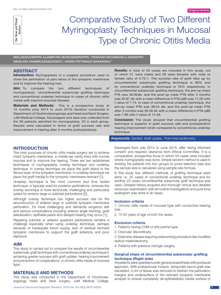 Comparative Study of Two Different Myringoplasty Techniques in Mucosal ...
