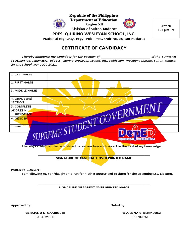 Certificate of Candidacy: Pres. Quirino Wesleyan School, Inc | PDF ...