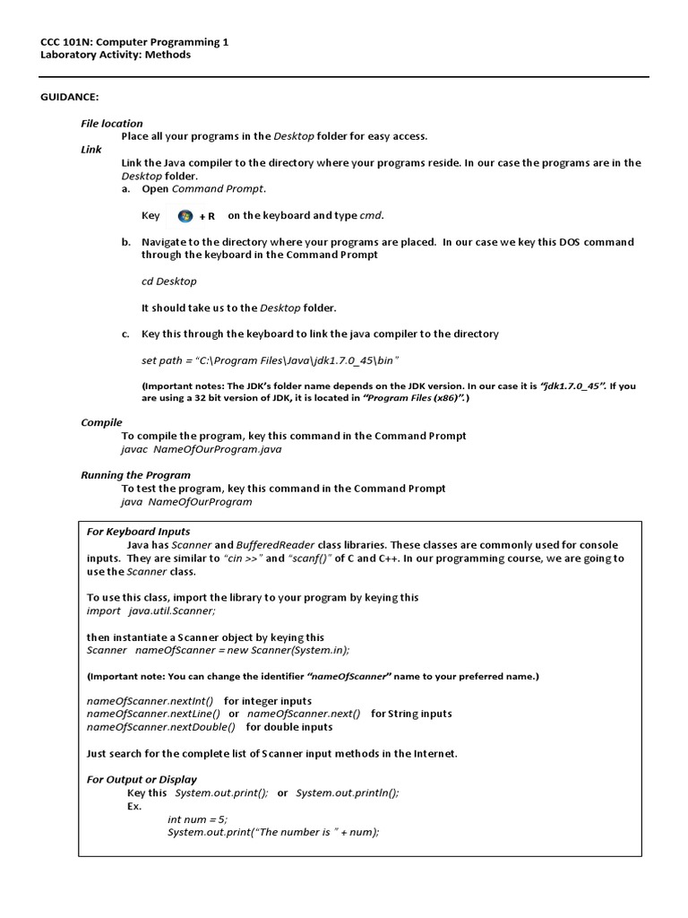 File Location Link: CCC 101N: Computer Programming 1 Laboratory Activity: Methods | PDF ...