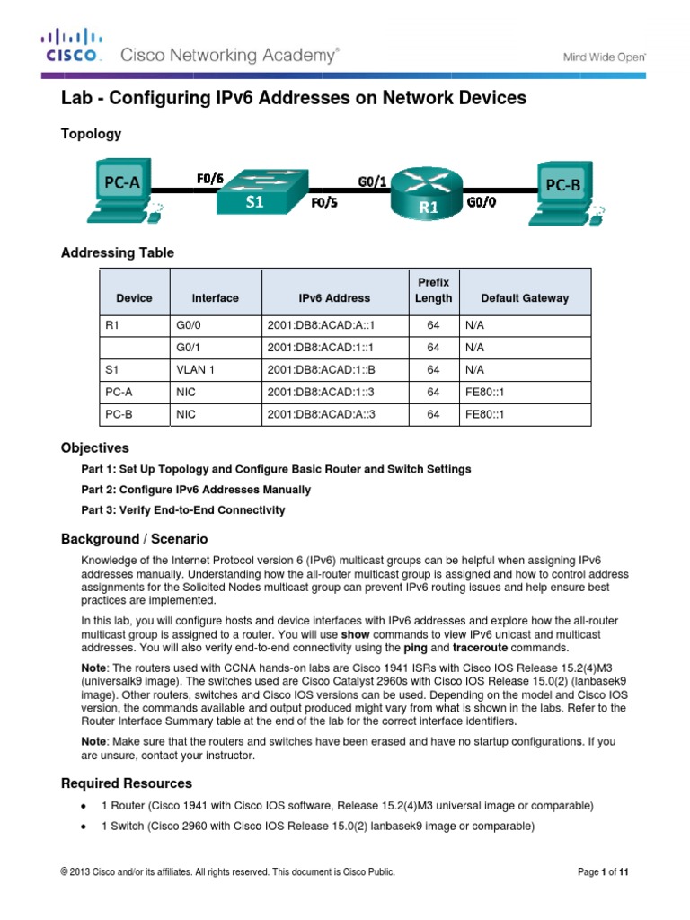 8.2.5.5 Lab - Configuring IPv6 Addresses On Network Devices | PDF | I Pv6 | Computer Standards