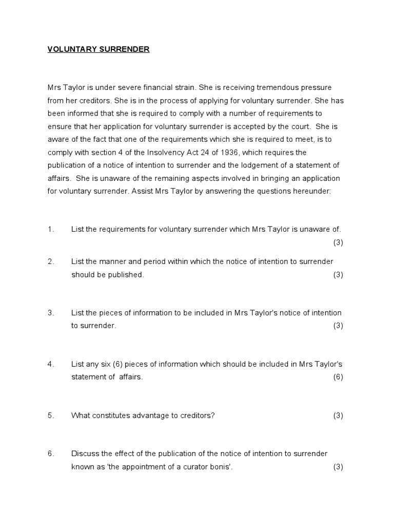 Voluntary Surrender - Sample Questions | PDF | Virtue | Public Law