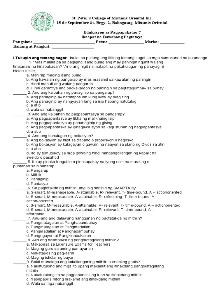 Grade 7 Faith ESP TQ | PDF