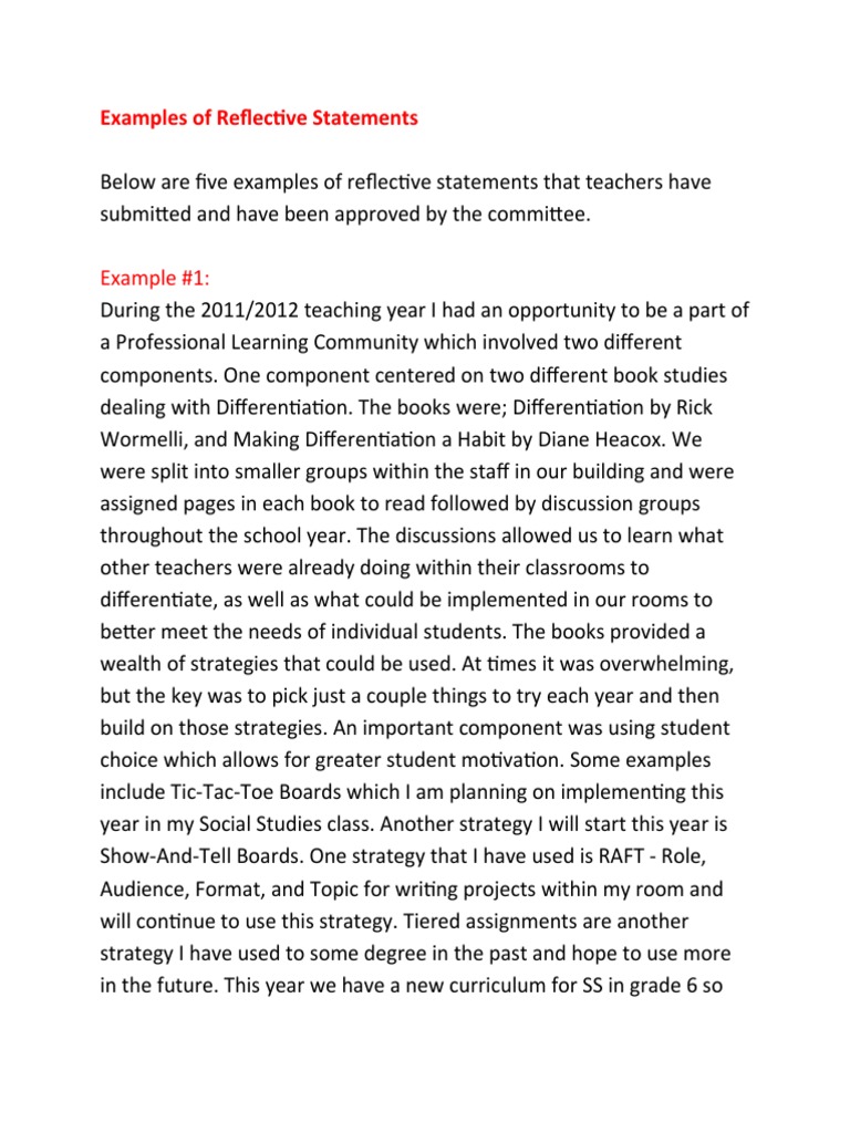 Examples of Reflective Statements | PDF | Applied Psychology | Teachers