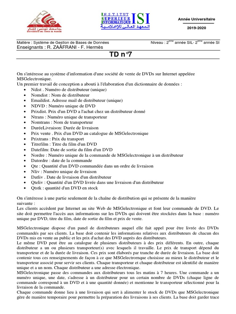 TD7-SGBD-2SI-2SIL v2 | PDF | Inventaire | Informatique et technologies de l'information
