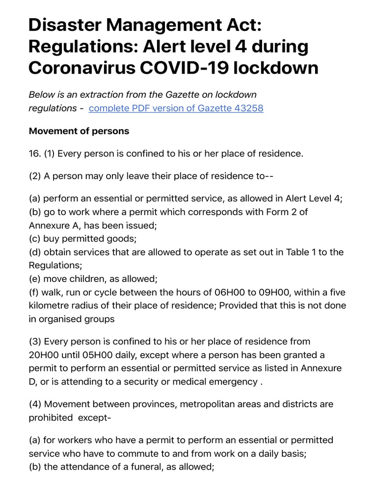 Disaster Management Act: Regulations: Alert Level 4 During Coronavirus ...