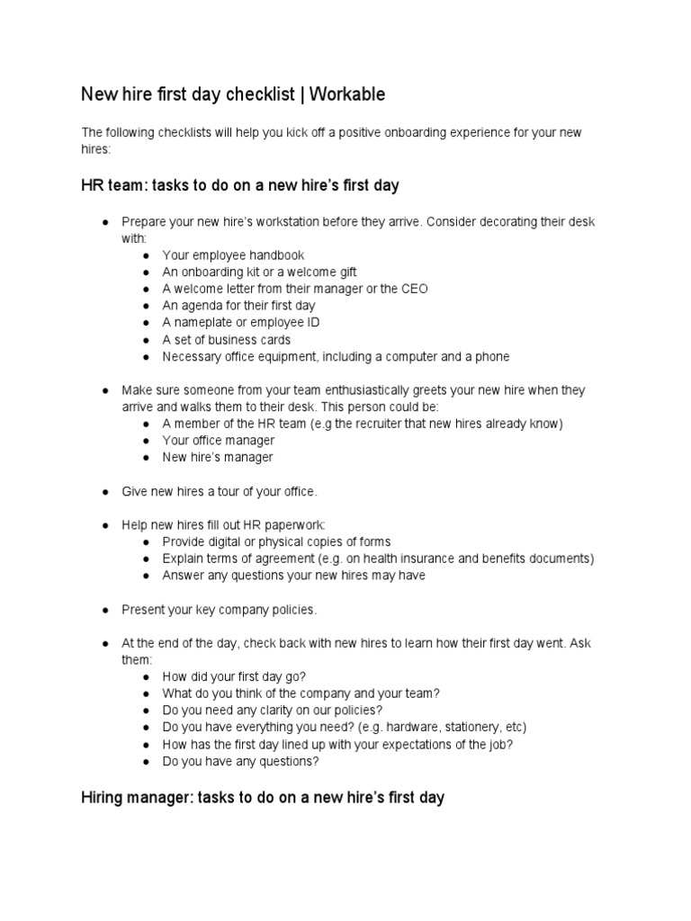 New Hire First Day Checklist - Workable | PDF | Communication | Business