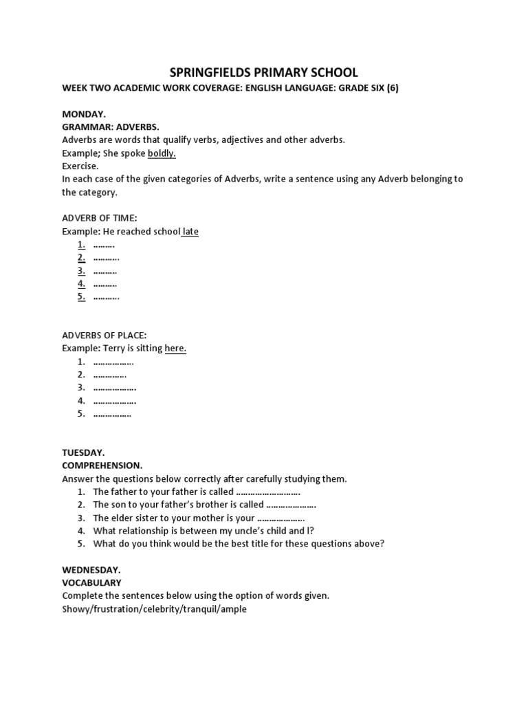 Grade 6 Work Week Two | PDF