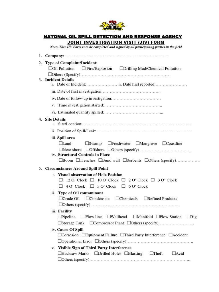 National Oil Spill Joint Investigation Form | PDF | Oil Spill | Petroleum