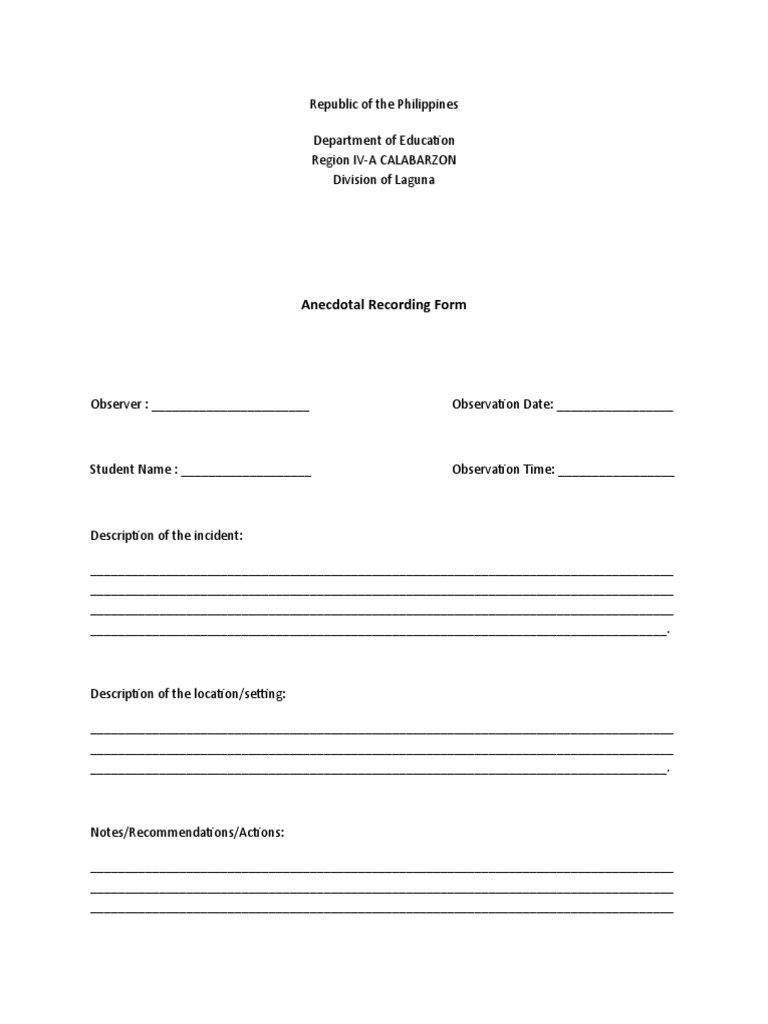 Anecdotal Recording Form for Student Observation | PDF | Philippines