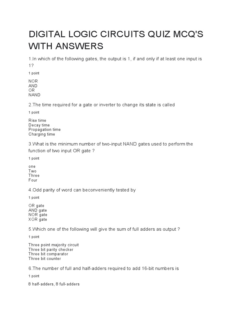Digital Logic Circuits Quiz MCQs | PDF