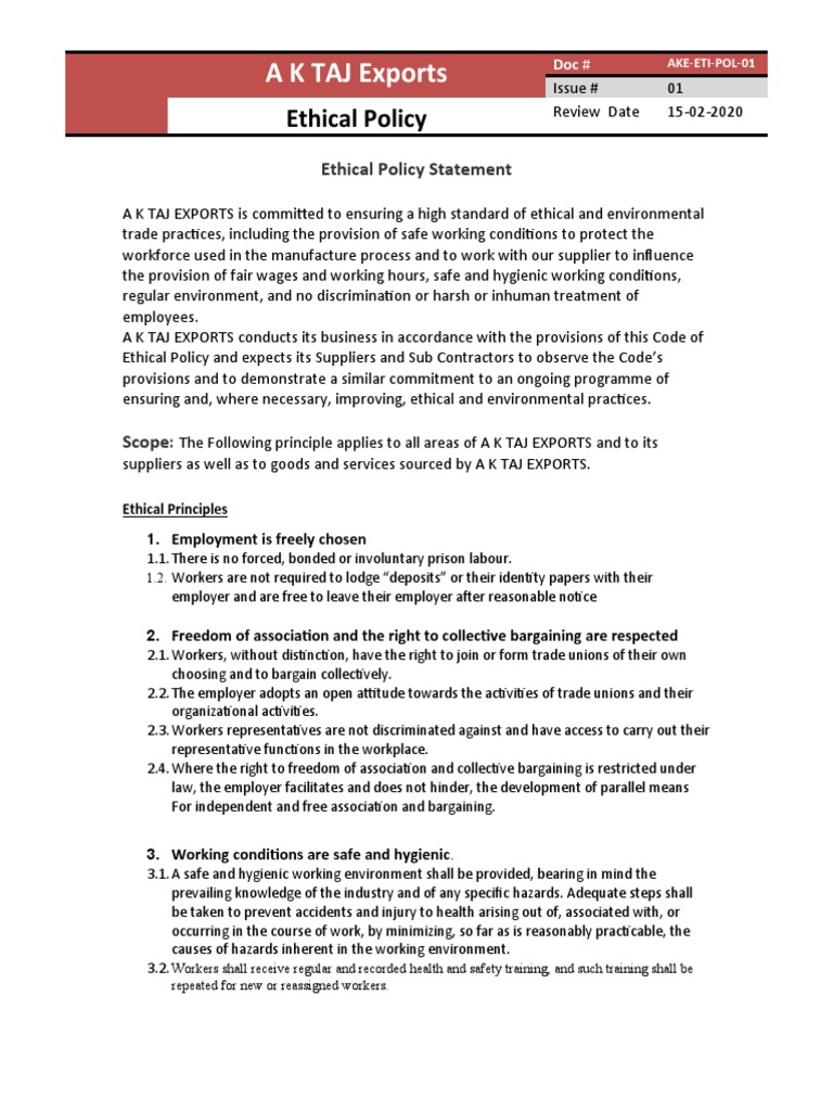 A K TAJ Exports Ethical Policy Statement | PDF | Overtime | Employment
