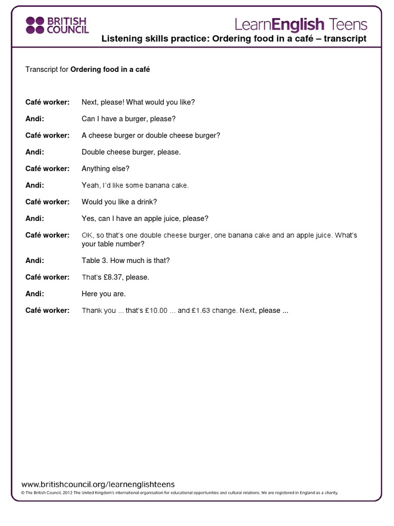 Ordering Food in a Café Transcript | PDF
