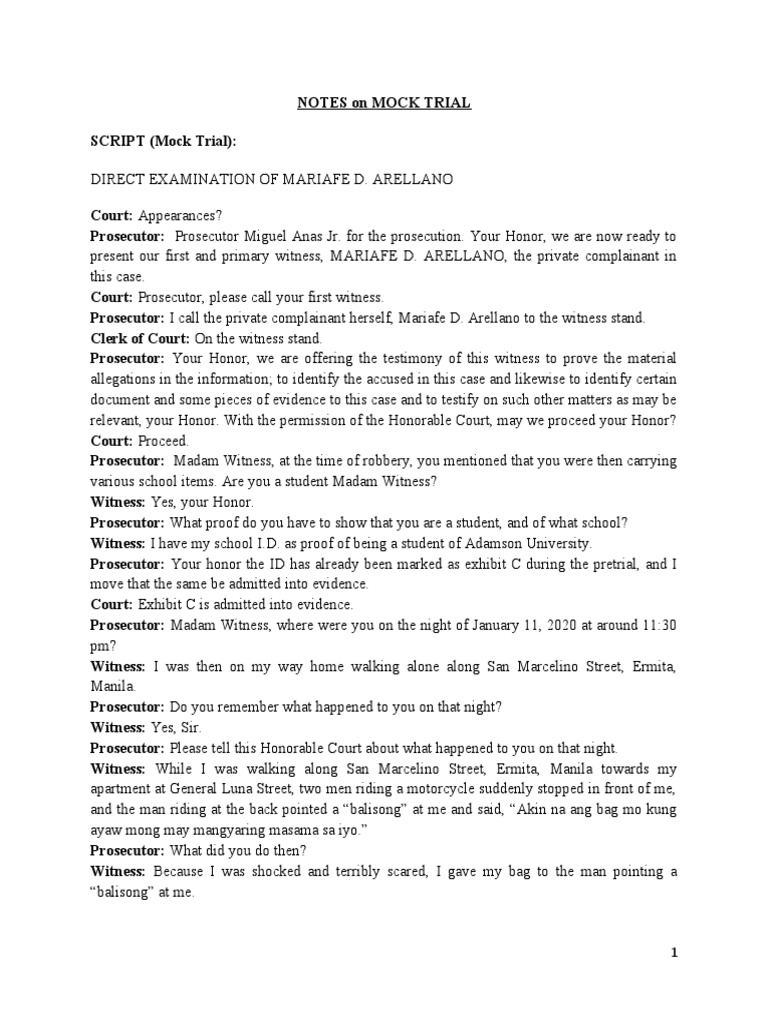 NOTES On MOCK TRIAL | PDF | Witness | Prosecutor