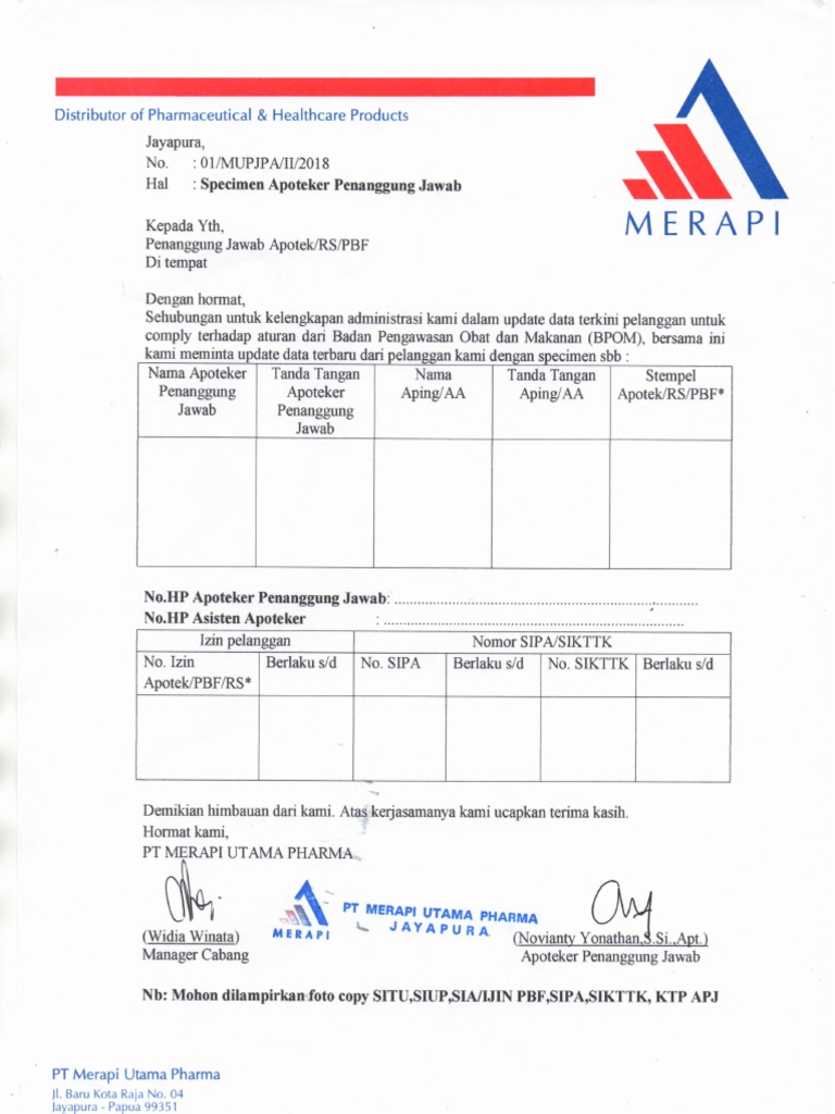 Form Spesimen Apj (Rsapotekpbf) 2018 | PDF