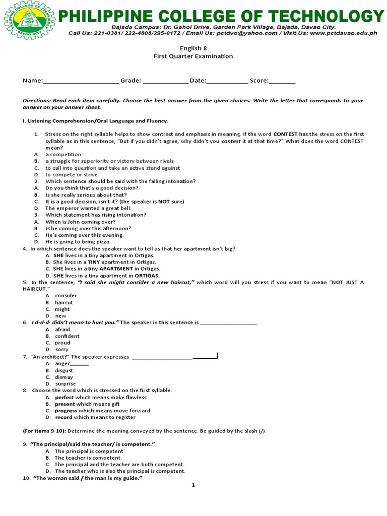 Grade 8 English Quarter 1 Exam | PDF | Sita | Stress (Linguistics)