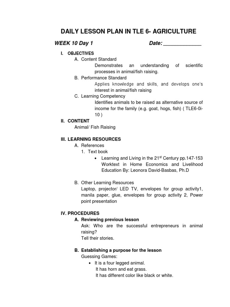 Daily Lesson Plan in Tle 6-Agriculture: WEEK 10 Day 1 Date | PDF ...