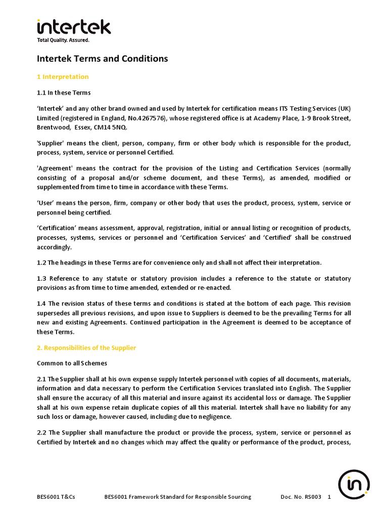Intertek BES6001 TCs PDF | PDF | Tort | Breach Of Contract