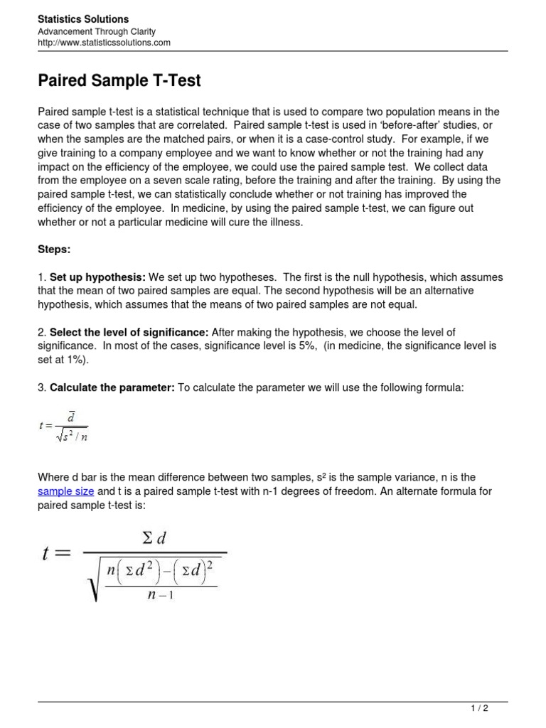 Paired Sample T Test | PDF | Student's T Test | Statistical Significance