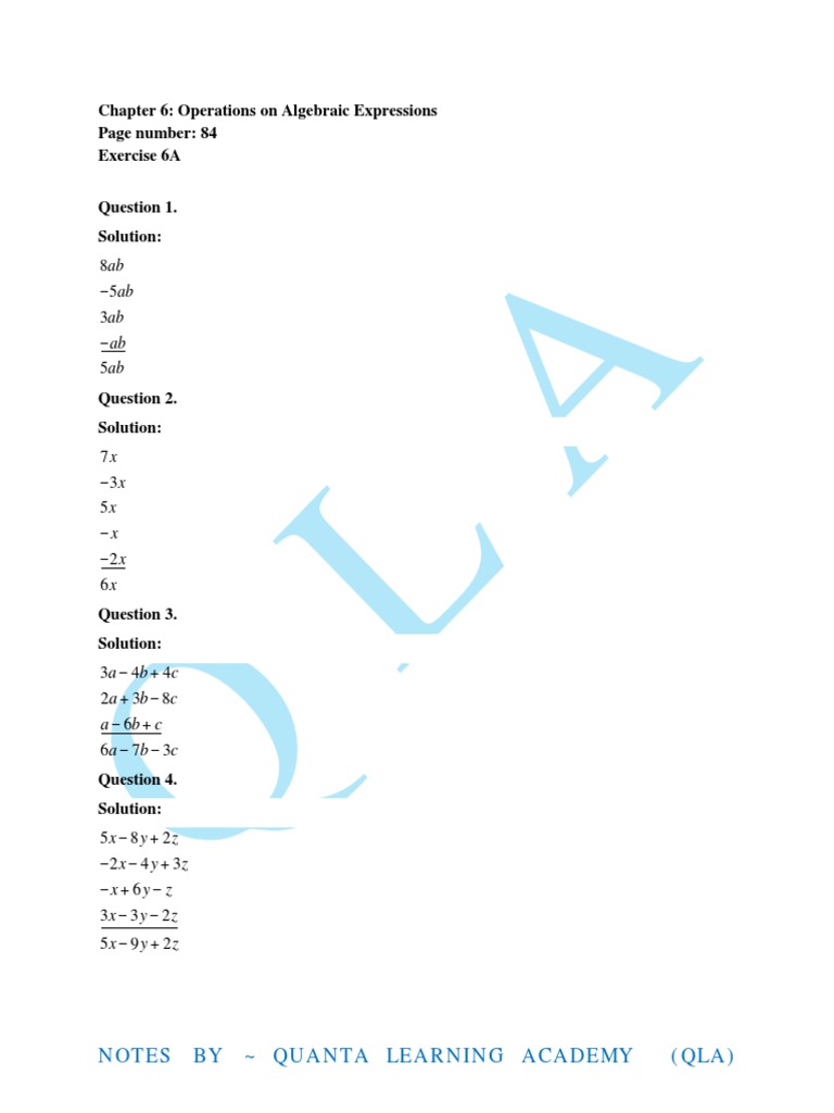 Chapter 6 Operations On Algebraic Expressions Pdf Elementary