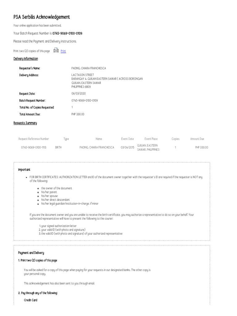 PSA Serbilis Birth Certificate Acknowledgement | PDF | Banking | Business