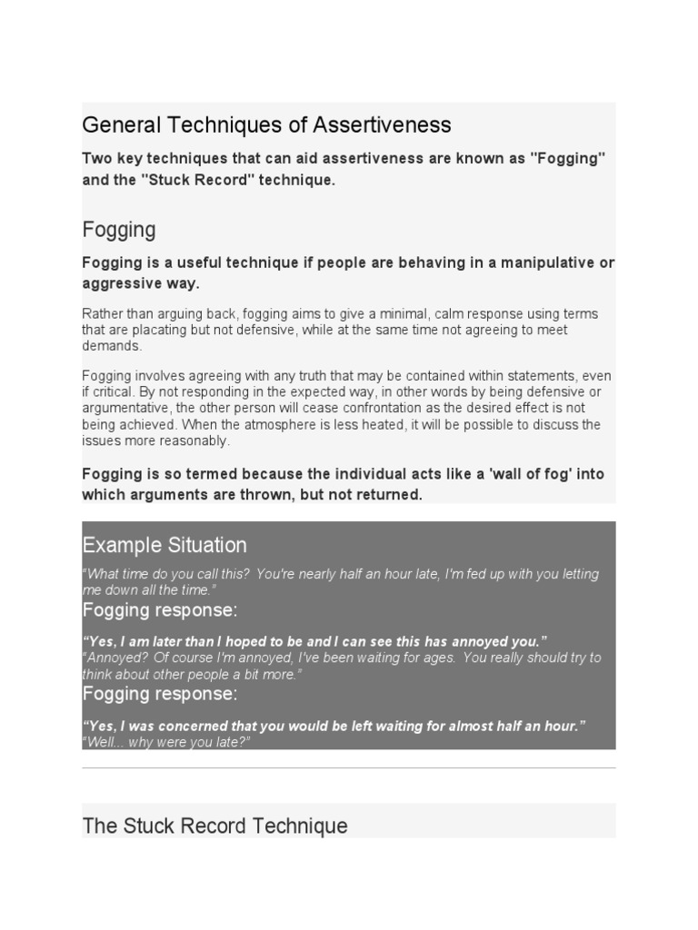 General Techniques of Assertiveness: Fogging | Download Free PDF ...