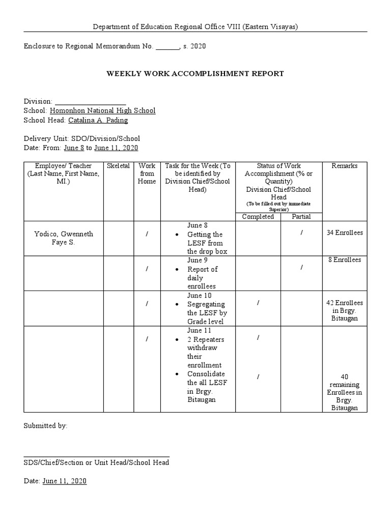 Weekly Work Accomplishment Report: (To Be Filled Out by Immediate ...
