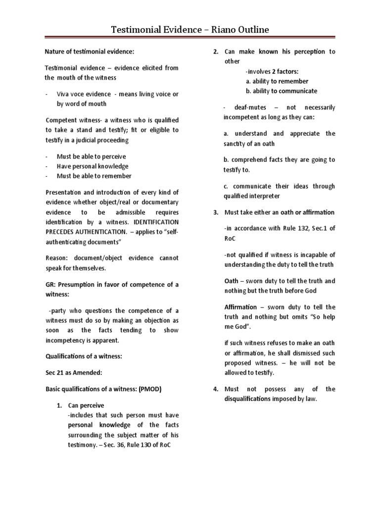 Testimonial Evidence - Riano Outline | PDF | Witness | Testimony