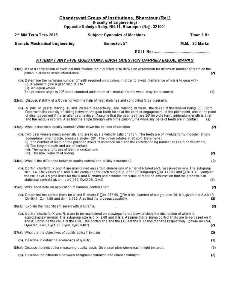 Chandravati Group of Institutions, Bharatpur (Raj.) : Attempt Any Five Questions. Each Question ...