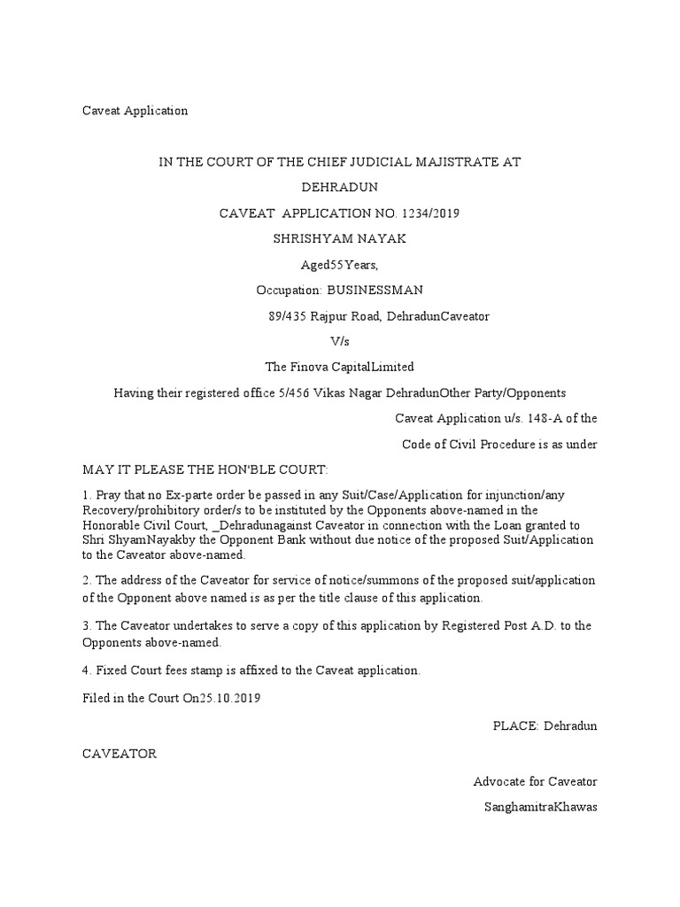 Caveat Application in Dehradun Court | PDF