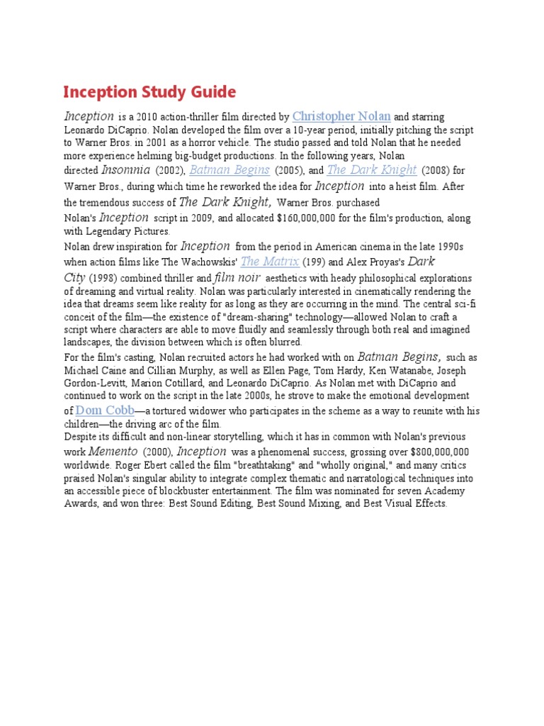 Inception Study Guide: Christopher Nolan | PDF