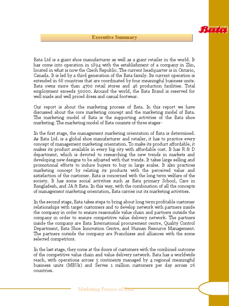 Executive Summary: Marketing Process of Bata | PDF | Value Chain | Retail