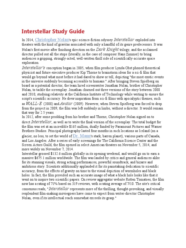 Interstellar Study Guide: Christopher Nolan | PDF | Cinema