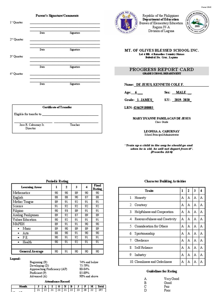Progress Report Card: Parent's Signature/Comments Department of ...