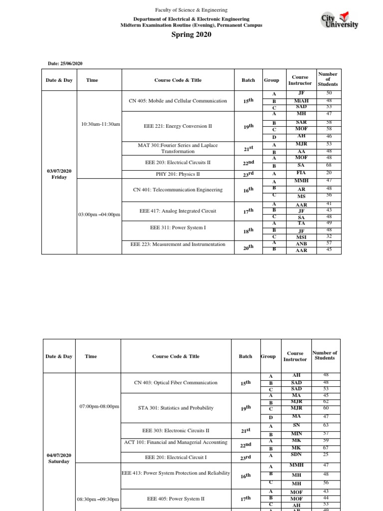 EEE Midterm Exam Schedule | PDF | Electrical Engineering | Electronics