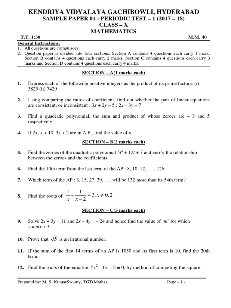Kendriya Vidyalaya Gachibowli, Hyderabad: Sample Paper 01: Periodic ...