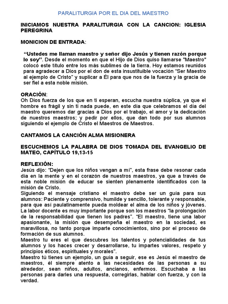 Paraliturgia Para El Día Del Maestro Pdf Orador Del Señor Oración