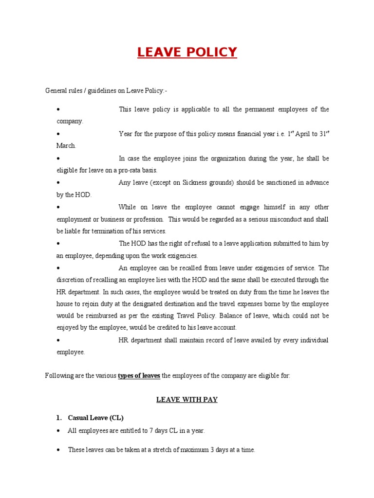 Leave Policy Sample | PDF | Miscarriage | Leave Of Absence