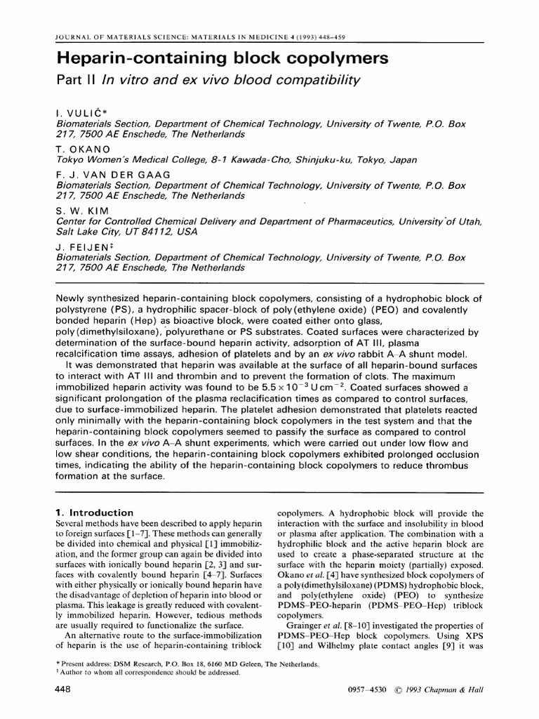 Heparin-Containing Block Copolymers, Part II in Vitro and Ex Vivo Blood ...