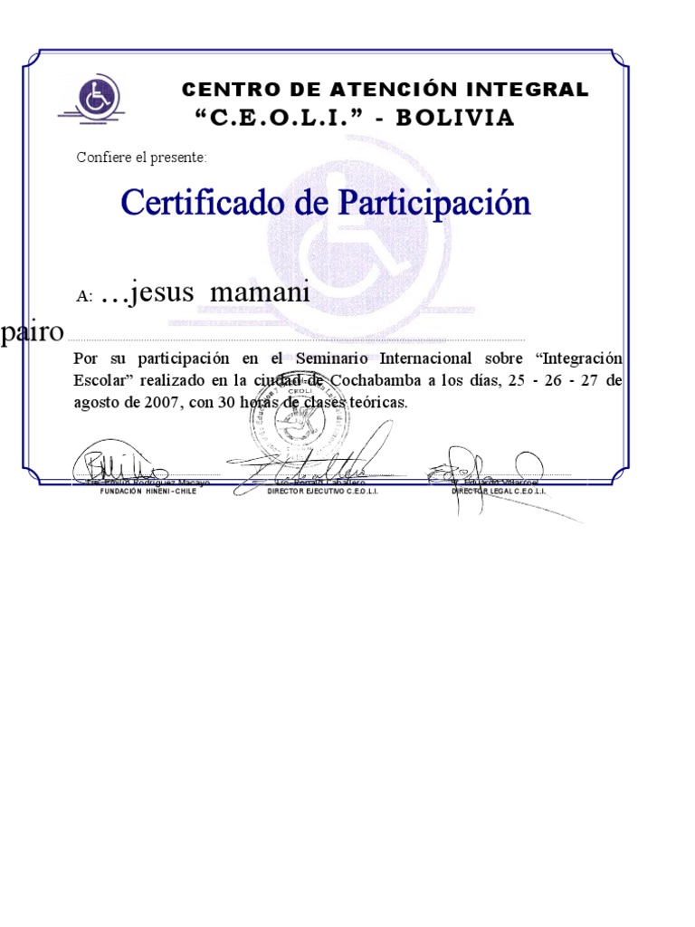 Certificado de participación en el Seminario Internacional sobre ...