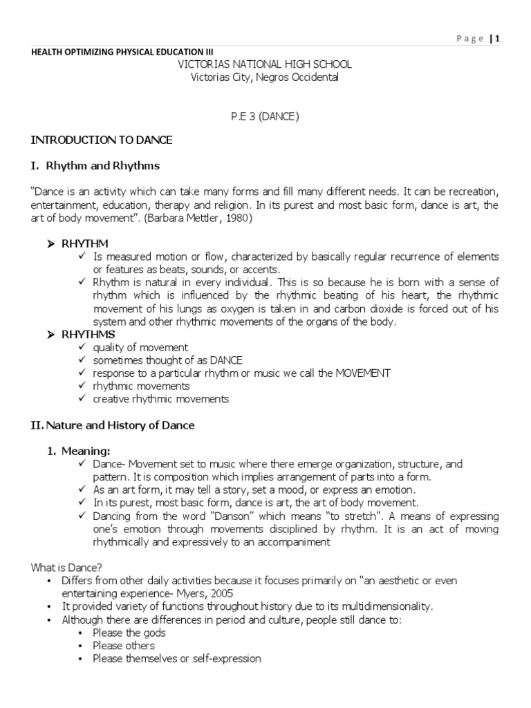 Introduction To Dance I. Rhythm and Rhythms: - 1 Health Optimizing ...