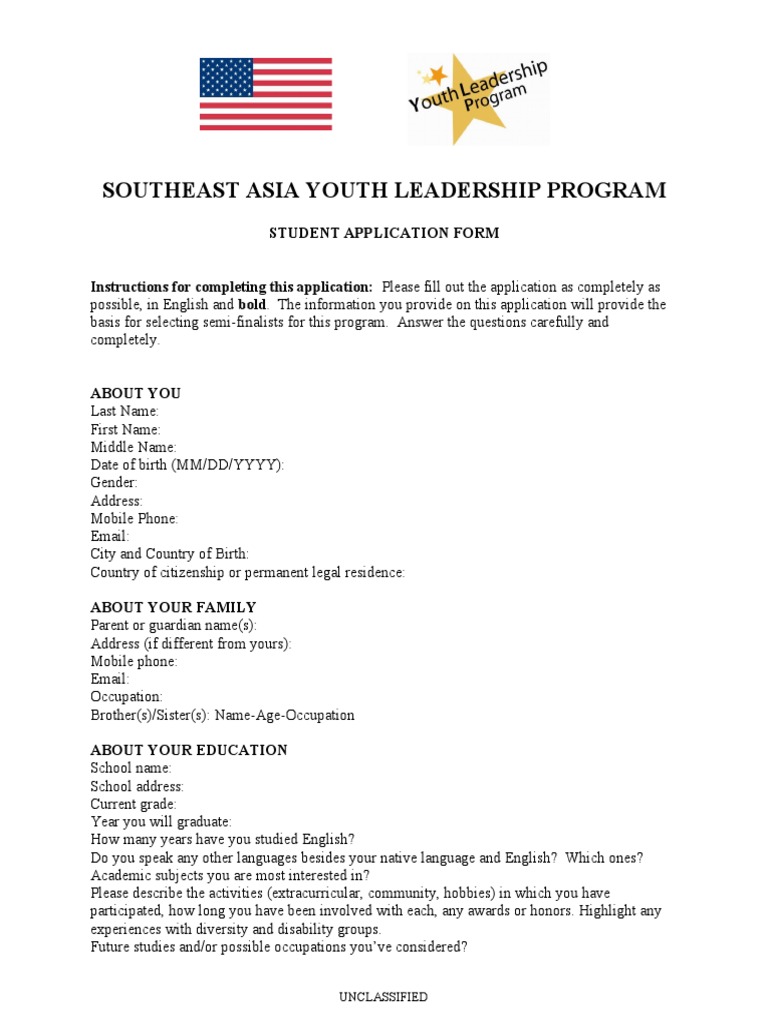 Southeast Asia Youth Leadership Program: Student Application Form ...