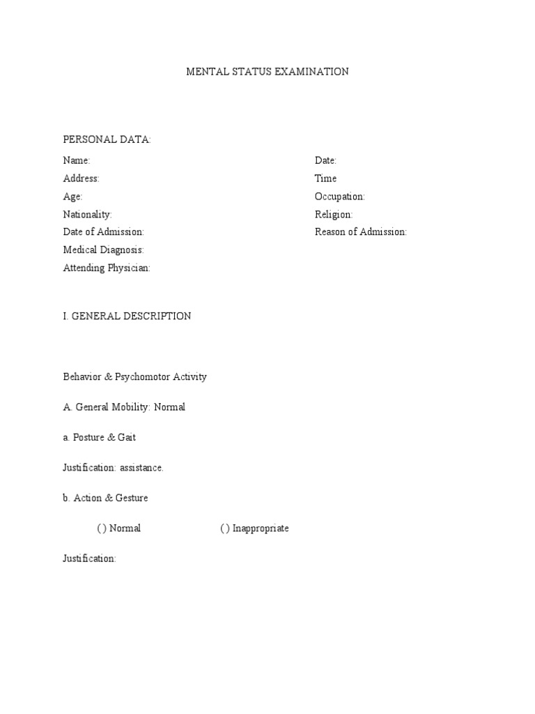 Mental Status Examination Form | PDF | Clinical Psychology | Applied ...